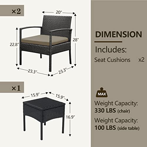 3 Piece Patio Conversation Furniture Set, Porch Furniture Rattan Bistro Sets, Patio Set Wicker Outdoor Chairs and Table Set with Coffee Table and Cushions for Yard Poolside Backyard, Brown