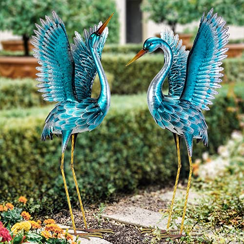 Natelf Garden Crane Statues for Outdoor, Blue Heron Decoy Garden Sculptures, Standing Metal Bird Yard Art for Patio Pond Backyard Decor(Set of 2)