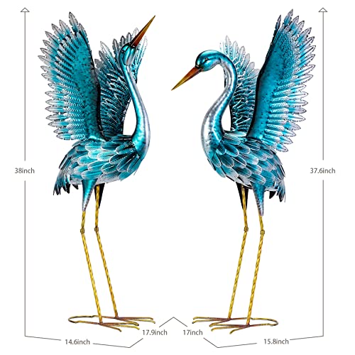 Natelf Garden Crane Statues for Outdoor, Blue Heron Decoy Garden Sculptures, Standing Metal Bird Yard Art for Patio Pond Backyard Decor(Set of 2)