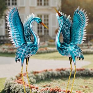 Natelf Garden Crane Statues for Outdoor, Blue Heron Decoy Garden Sculptures, Standing Metal Bird Yard Art for Patio Pond Backyard Decor(Set of 2)