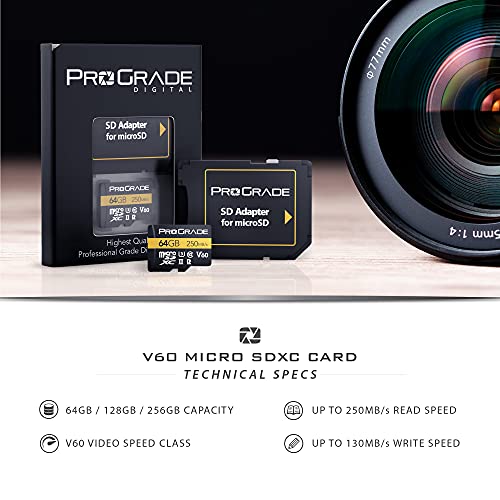 ProGrade Digital microSD Memory Card - V60 microSD Card for DSLR and Action Cameras - High Speed Transfer of Files & Large Storage - Up to 250MB/s Read and 130MB/s Write Speed 256 GB