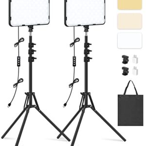 2 Pack LED Video Light with 63'' Tripod Stand, Obeamiu 2500-8500K Dimmable Photography Studio Lighting for Video Film Recording/Collection Portrait/Live Game Streaming/YouTube Podcast, USB Charger