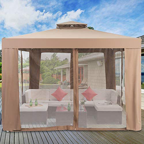 Tangkula 10x10 Ft Outdoor Gazebo, Patio Tents and Garden Structures Gazebo W/Netting, Outdoor Gazebo Canopy Shelter for Home/Garden/Lawn/Patio House Party (Brown)