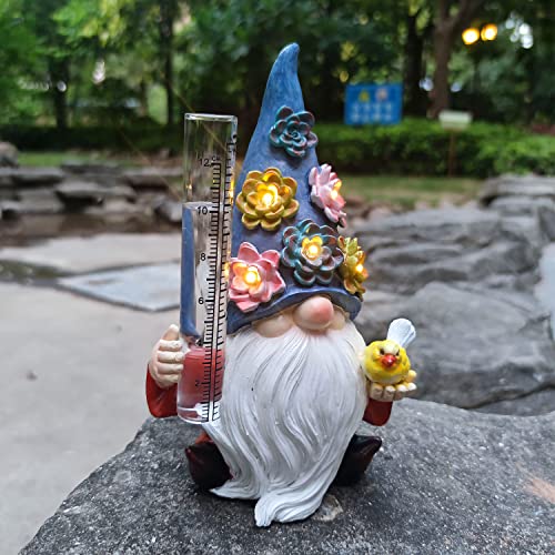 VIVICOMFY Resin Gnome Solar Rian Gauges,Resin Gnome Garden Statue with a Glass Rain Gauge,Hand Painted Gnome Sculpture Water Gauge for Garden Patio,Outdoor Solar Gnome Statue with Rain Gauge