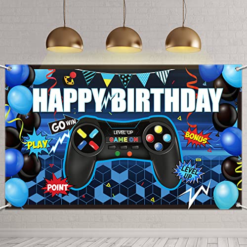 Video Game Happy Birthday Backdrop Game on Birthday Party Backdrop Banner Level up Gaming Theme Party Background Photo Props for Video Game Party Wall Decorations Supplies (Blue)