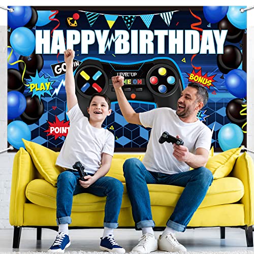 Video Game Happy Birthday Backdrop Game on Birthday Party Backdrop Banner Level up Gaming Theme Party Background Photo Props for Video Game Party Wall Decorations Supplies (Blue)