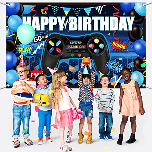 Video Game Happy Birthday Backdrop Game on Birthday Party Backdrop Banner Level up Gaming Theme Party Background Photo Props for Video Game Party Wall Decorations Supplies (Blue)