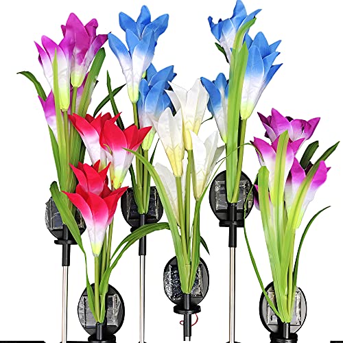 Seasonsky 6 PCS Outdoor Solar Garden Stake Lights, Solar Lily Lights Solar Garden Lights Outdoor Decorative, Flower Garden Stake Backyard Decor Yard Decorations, Pathway, Patio