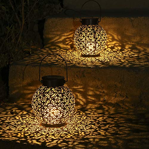 Solar Lanterns Outdoor, Shineslay Solar Lanterns Outdoor IP44 Waterproof, 2 Pack Hollowed-Out Metal Retro Hanging LED Lights, Sensitive Lighting Control Lamp for Patio Courtyard Balcony Garden