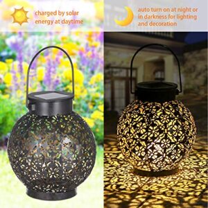 Solar Lanterns Outdoor, Shineslay Solar Lanterns Outdoor IP44 Waterproof, 2 Pack Hollowed-Out Metal Retro Hanging LED Lights, Sensitive Lighting Control Lamp for Patio Courtyard Balcony Garden