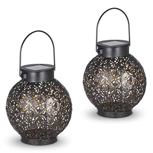 Solar Lanterns Outdoor, Shineslay Solar Lanterns Outdoor IP44 Waterproof, 2 Pack Hollowed-Out Metal Retro Hanging LED Lights, Sensitive Lighting Control Lamp for Patio Courtyard Balcony Garden