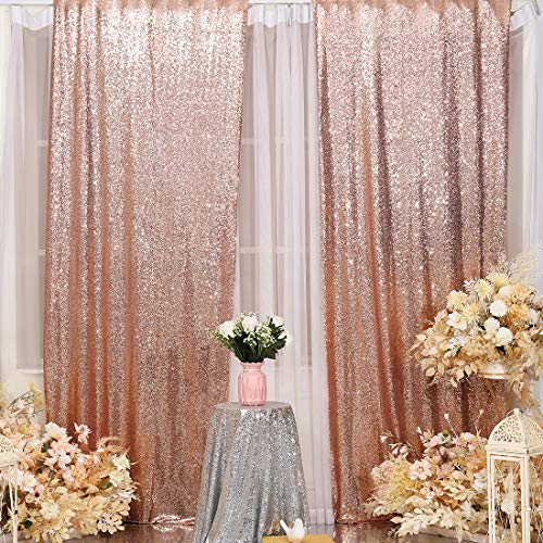 2Pcs 3Ft x 8Ft Rose Gold Sequin Backdrop Curtain, Glitter Photography Background, Sequence Xmas Thanksgiving Backdrop for Wedding Party Holiday Festival Decor…