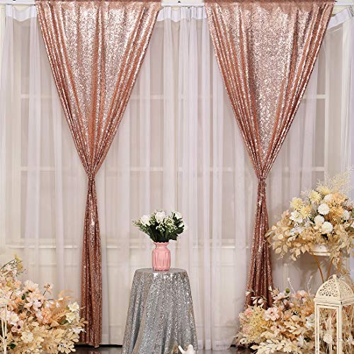 2Pcs 3Ft x 8Ft Rose Gold Sequin Backdrop Curtain, Glitter Photography Background, Sequence Xmas Thanksgiving Backdrop for Wedding Party Holiday Festival Decor…