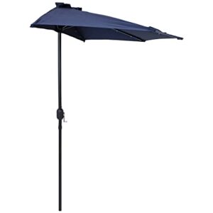 sunnydaze 9-foot solar outdoor half patio umbrella with led lights – shade for apartment decks, balconies, and smaller garden and yard spaces – navy blue