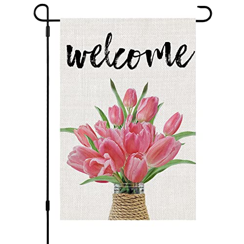 Spring Easter Tulips Garden Flag 12 x 18 Inch Vertical Double Sided Burlap Mothers day Flower Seasonal Farmhouse Yard Outdoor Decoration