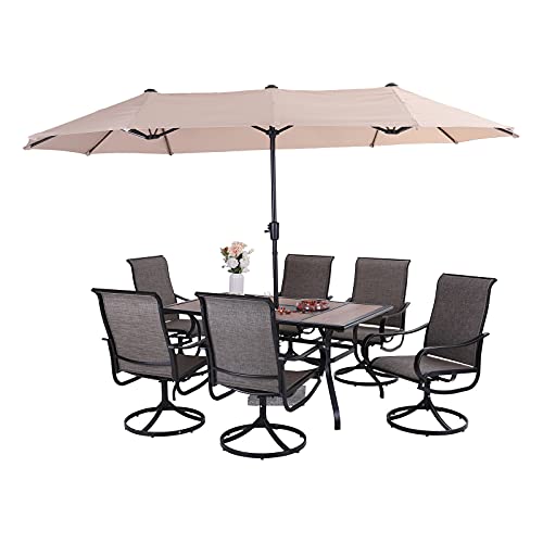 Sophia & William Patio Dining Set 8 Pieces Outdoor Metal Furniture Set with 13ft Double-Sided Patio Umbrella Beige, 6 x Swivel Patio Dining Chairs, 1 Wood Like Umbrella Table for Patio Lawn Garden