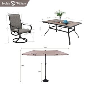 Sophia & William Patio Dining Set 8 Pieces Outdoor Metal Furniture Set with 13ft Double-Sided Patio Umbrella Beige, 6 x Swivel Patio Dining Chairs, 1 Wood Like Umbrella Table for Patio Lawn Garden