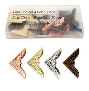 jsm 80-pcs metal book corners, corner protector, iron decorative for scrapbook photo album diary cover menus folder(gold, silver, rose gold, antique bronze)