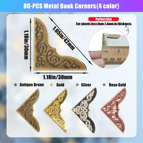 JSM 80-PCS Metal Book Corners, Corner Protector, Iron Decorative for Scrapbook Photo Album Diary Cover Menus Folder(Gold, Silver, Rose Gold, Antique Bronze)