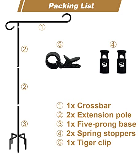 Whoonba 51 Inch Tall Garden Flag Stand Holder with 5 Prong Base, Yard Flag Pole Holder for 12x18 Outdoor Small Flag Decor with Two Spring Stoppers and a Tiger Clip, 2 Pack