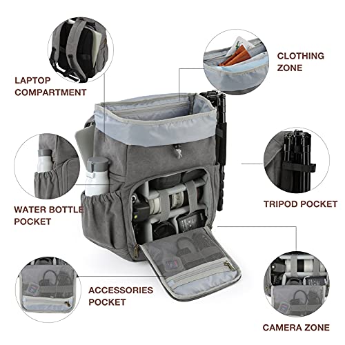 Camera Backpack, BAGSMAR DSLR Camera Bag Backpack, Anti-Theft and Waterproof Camera Backpack for Photographers, Fit up to 15" Laptop with Rain Cover, Grey