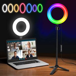 6.5″ ring light for computer video conference lighting, zoom meetings. 29 modes dimmable ringlight with desk tripod stand and clip. laptop webcam light. portable selfie light with rgb led