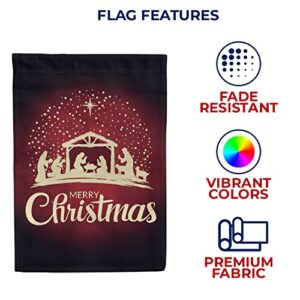 America Forever Merry Christmas Garden Flag - Gold Nativity, Glory To The Newborn King, Jesus Birth Wise Men Star of Bethlehem Religious Flag - Seasonal Yard Outdoor Decorative Flag - 12.5 x 18 Inches