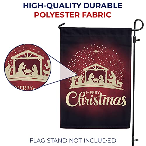 America Forever Merry Christmas Garden Flag - Gold Nativity, Glory To The Newborn King, Jesus Birth Wise Men Star of Bethlehem Religious Flag - Seasonal Yard Outdoor Decorative Flag - 12.5 x 18 Inches