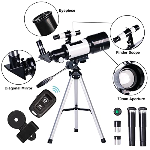 Telescope for Adults & Kids, 70mm Aperture Refractor Telescopes (15X-150X) for Astronomy Beginners, Portable Travel Telescope with Phone Adapter & Wireless Remote, Astronomy Gifts for Kids