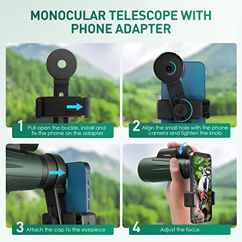 Monocular, CAMMOO 24mm Large Eyepiece, 12×50 High Power Monocular Telescope for Bird, Wildlife, Stars Watching, Camping, SMC Clear Low Light Vision, IPX7 Waterproof Monocular with Smartphone Adapter