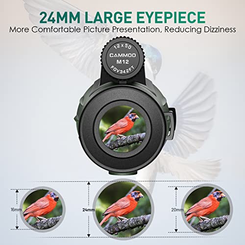 Monocular, CAMMOO 24mm Large Eyepiece, 12×50 High Power Monocular Telescope for Bird, Wildlife, Stars Watching, Camping, SMC Clear Low Light Vision, IPX7 Waterproof Monocular with Smartphone Adapter