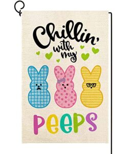 baccessor easter bunny garden flag double sided chillin with my peeps buffalo plaid cute rabbit burlap small yard flag for spring holiday seasonal farm house outdoor outside decoration 12.5×18 inch