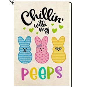 Baccessor Easter Bunny Garden Flag Double Sided Chillin with My Peeps Buffalo Plaid Cute Rabbit Burlap Small Yard Flag for Spring Holiday Seasonal Farm house Outdoor Outside Decoration 12.5x18 Inch