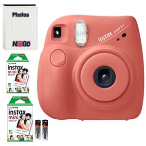 fujifilm instax mini 7+ instant camera bundle-deluxe kit, fuji instax mini film (20 sheets), neego photo album (coral)