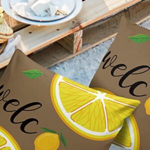 ALAGEO Outdoor Waterproof Pillow Covers for Patio Furniture Summer Fruit Lemon Decorative Throw Pillow Cover Plant Green Leaves Brown Pillowcases Set of 2 Cushion Case for Sofa Couch Chair 20x12 in