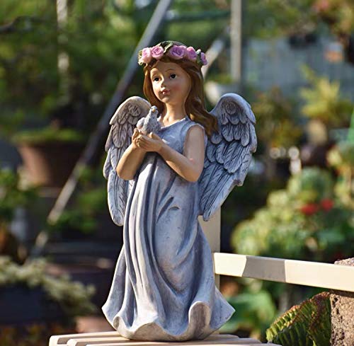 Sun Shade Angel Grasping Dove Standing Sculpture Statue Outdoor Garden Decoration Commemorative Gift 12.6" high (Resin) Gray