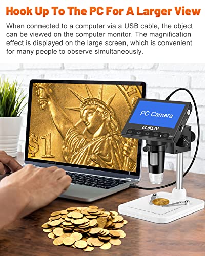 Elikliv EDM4 4.3" Coin Microscope, LCD Digital Microscope 1000x, Coin Magnifier with 8 Adjustable LED Lights, PC View, Windows Compatible