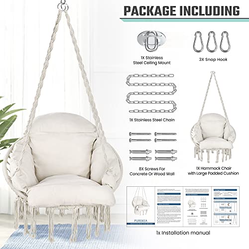 PUREKEA Hammock Chair, Macrame Hanging Swing Chair with Large Padded Cushion and Hardware Kits, Max 330 Lbs, Hanging Cotton Rope Chair for Indoor, Outdoor, Bedroom, Patio, Porch, Garden (Beige)