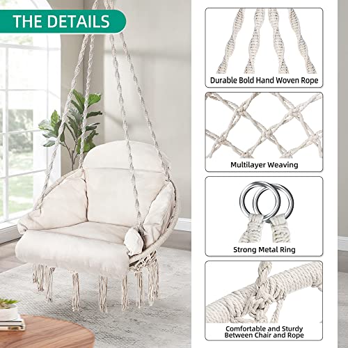 PUREKEA Hammock Chair, Macrame Hanging Swing Chair with Large Padded Cushion and Hardware Kits, Max 330 Lbs, Hanging Cotton Rope Chair for Indoor, Outdoor, Bedroom, Patio, Porch, Garden (Beige)