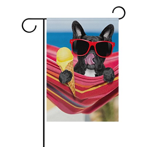 Vantaso Garden Flag Decorative French Bulldog On Ocean Beach Eating Ice Cream Polyester Double Sided Printing Fade Proof for Outdoor Courtyards Garden 12x18 inch