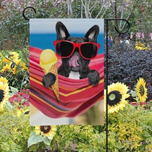 Vantaso Garden Flag Decorative French Bulldog On Ocean Beach Eating Ice Cream Polyester Double Sided Printing Fade Proof for Outdoor Courtyards Garden 12x18 inch