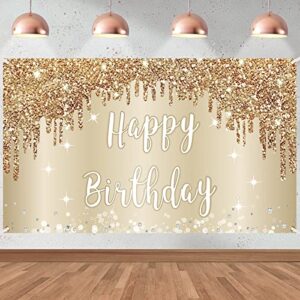 gold white happy birthday banner decorations for women girls, gold glitter happy birthday backdrop party supplies, 16th 18th 21st 30th 40th 50th 60th birthday background poster decor(72.8 x 43.3 inch)