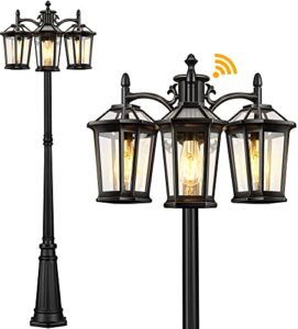 vianis outdoor lamp post lights with dusk to dawn sensor, triple head street pole light fixtures waterproof, outside electric lantern backyard lighting, christmas lamp post for garden patio driveway