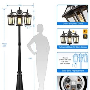 VIANIS Outdoor Lamp Post Lights with Dusk to Dawn Sensor, Triple Head Street Pole Light Fixtures Waterproof, Outside Electric Lantern Backyard Lighting, Christmas Lamp Post for Garden Patio Driveway