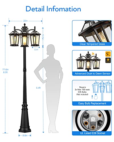 VIANIS Outdoor Lamp Post Lights with Dusk to Dawn Sensor, Triple Head Street Pole Light Fixtures Waterproof, Outside Electric Lantern Backyard Lighting, Christmas Lamp Post for Garden Patio Driveway