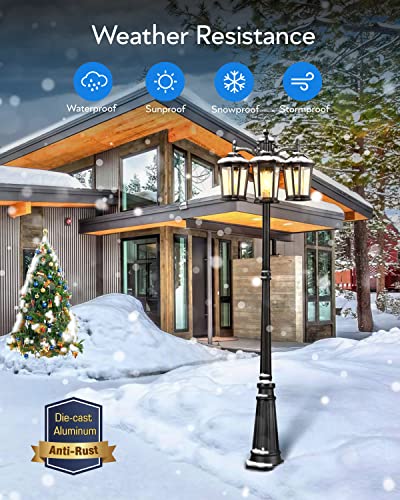 VIANIS Outdoor Lamp Post Lights with Dusk to Dawn Sensor, Triple Head Street Pole Light Fixtures Waterproof, Outside Electric Lantern Backyard Lighting, Christmas Lamp Post for Garden Patio Driveway