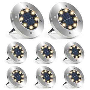 xsuper solar ground lights, 8 led solar garden lights, waterproof in-ground landscape lights, 8 packs solar lights outdoor disk lights for patio pathway lawn yard deck driveway walkway, warm white