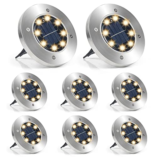 XSUPER Solar Ground Lights, 8 LED Solar Garden Lights, Waterproof In-Ground Landscape Lights, 8 Packs Solar Lights Outdoor Disk Lights for Patio Pathway Lawn Yard Deck Driveway Walkway, Warm White