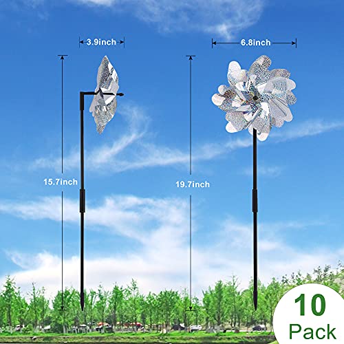 10 Pack Reflective Pinwheels with Plastic Stakes| 19.7 inch Pre-Assembled Sparkle Pin Wheel Set | Scare Off Birds and Animals Away | Decorative for Garden, Yard, Lawn