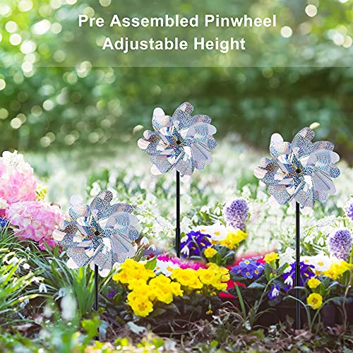 10 Pack Reflective Pinwheels with Plastic Stakes| 19.7 inch Pre-Assembled Sparkle Pin Wheel Set | Scare Off Birds and Animals Away | Decorative for Garden, Yard, Lawn